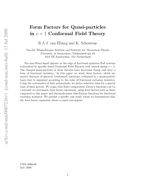 (PDF) Form factors for quasi-particles inc= 1 conformal field theory