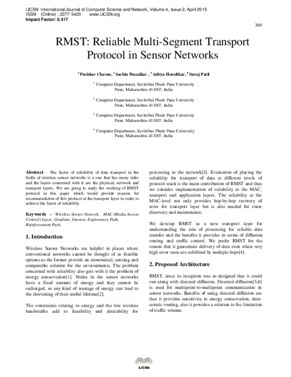 (PDF) RMST: Reliable Multi-Segment Transport Protocol in Sensor Networks