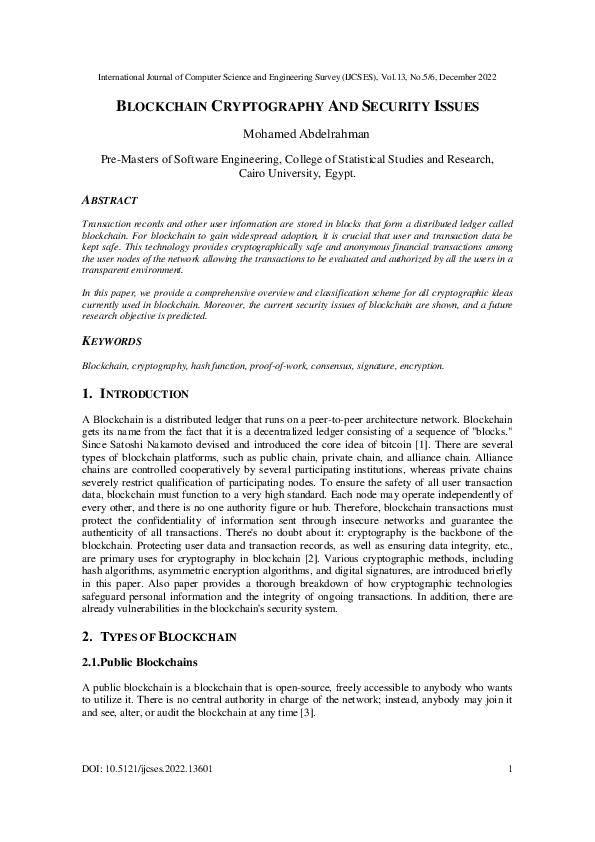 (PDF) BLOCKCHAIN CRYPTOGRAPHY AND SECURITY ISSUES