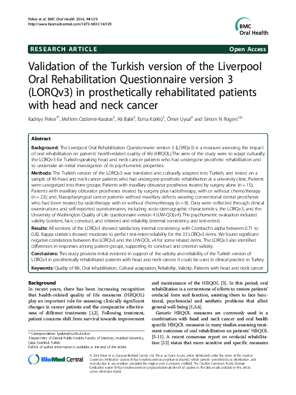 (PDF) Validation of the Turkish version of the Liverpool Oral Rehabilitation Questionnaire ...