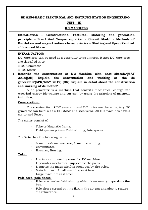 (PDF) BE 8254-BASIC ELECTRICAL AND INSTRUMENTATION ENGINEERING - DC MACHINES