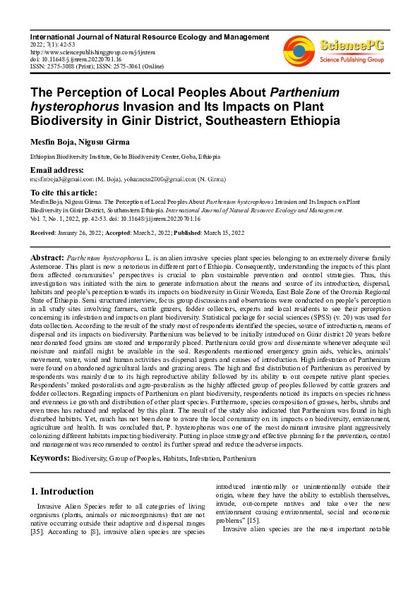 (PDF) The Perception of Local Peoples About Parthenium hysterophorus ...