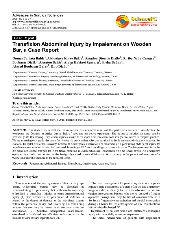 (PDF) Transfixion Abdominal Injury by Impalement on Wooden Bar, a Case ...