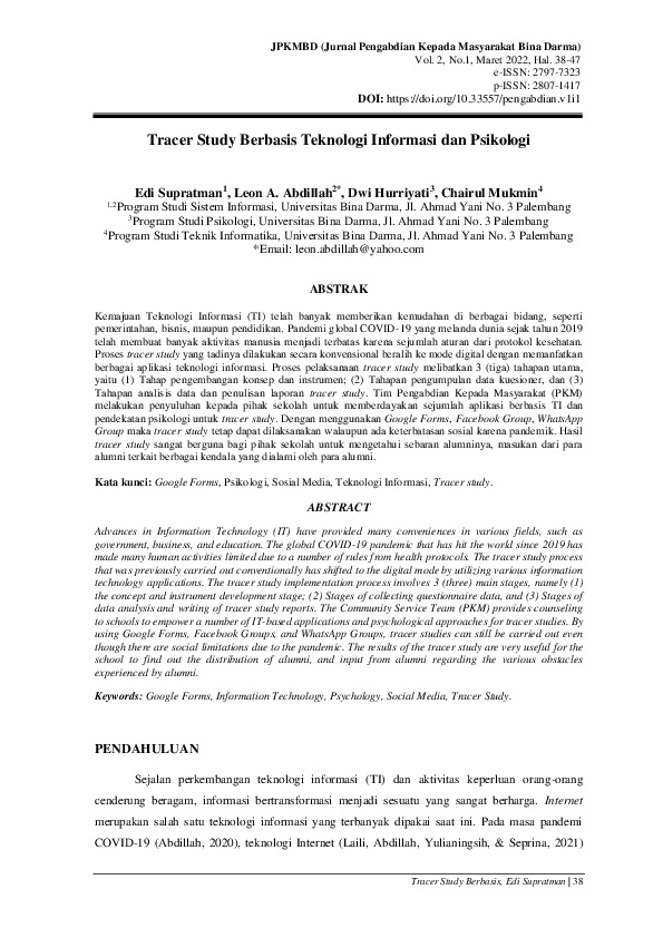 (PDF) Tracer Study Berbasis Teknologi Informasi dan Psikologi