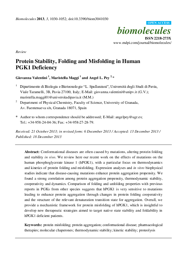 (PDF) Protein Stability, Folding and Misfolding in Human PGK1 Deficiency