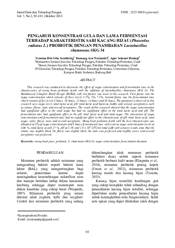 (PDF) PENGARUH KONSENTRASI GULA DAN LAMA FERMENTASI TERHADAP KARAKTERISTIK SARI KACANG HIJAU ...