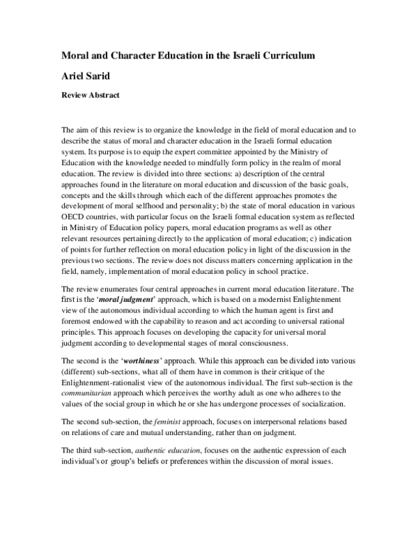 Pdf Moral And Character Education In Israeli Schools