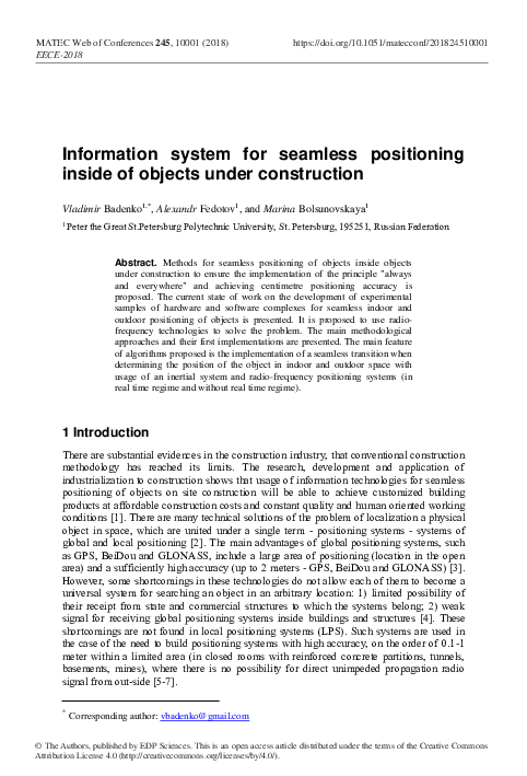 Pdf Information System For Seamless Positioning Inside Of Objects