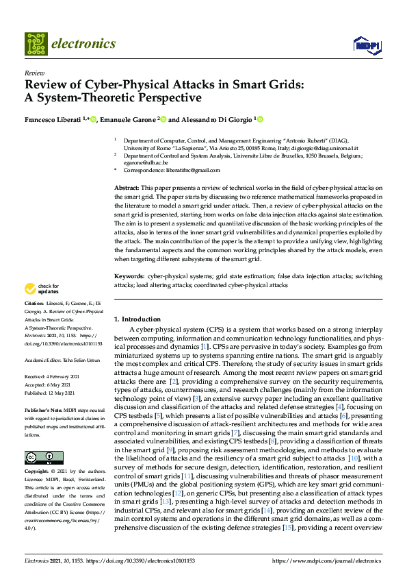 (PDF) Review of Cyber-Physical Attacks in Smart Grids: A System-Theoretic Perspective