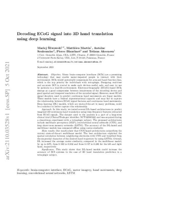 (PDF) Decoding ECoG signal into 3D hand translation using deep learning