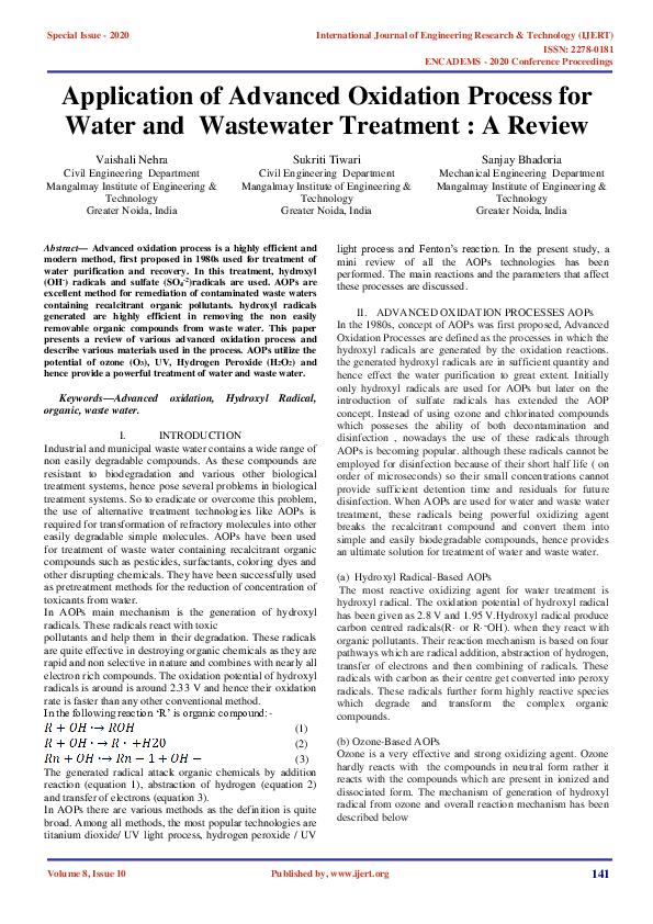 (PDF) Application of Advanced Oxidation Process for Water and ...