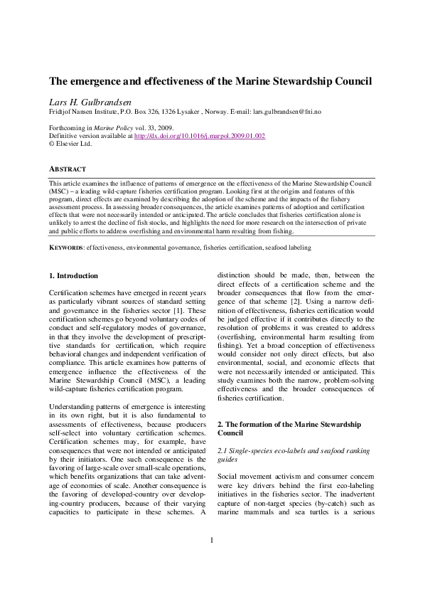 (PDF) The emergence and effectiveness of the Marine Stewardship Council