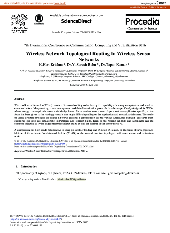 (PDF) Wireless Network Topological Routing in Wireless Sensor Networks