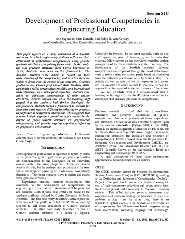 (PDF) Development of professional competencies in engineering education