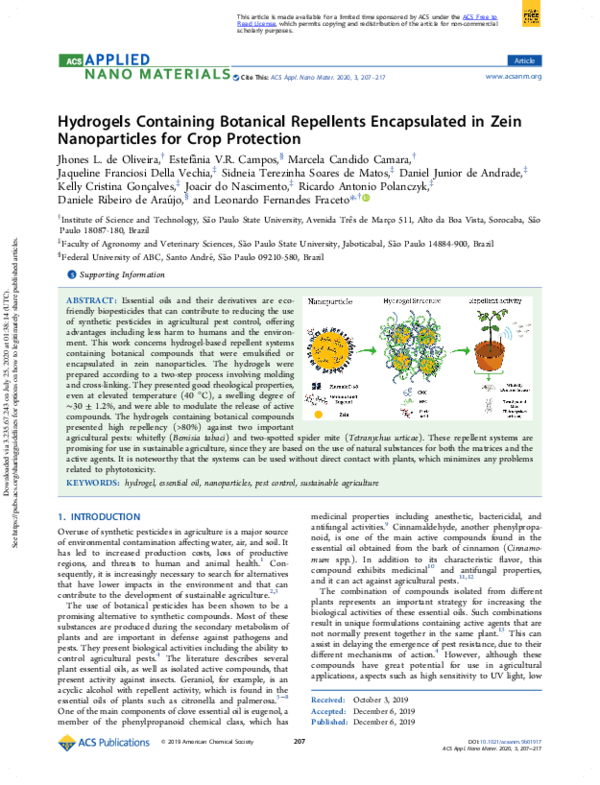 (PDF) Hydrogels Containing Botanical Repellents Encapsulated in Zein Nanoparticles for Crop ...