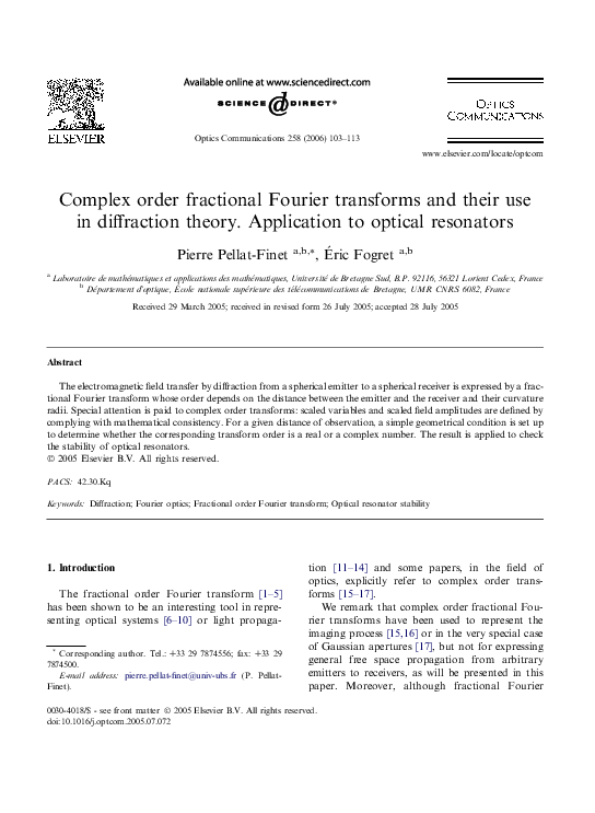 Pdf Complex Order Fractional Fourier Transforms And Their Use In