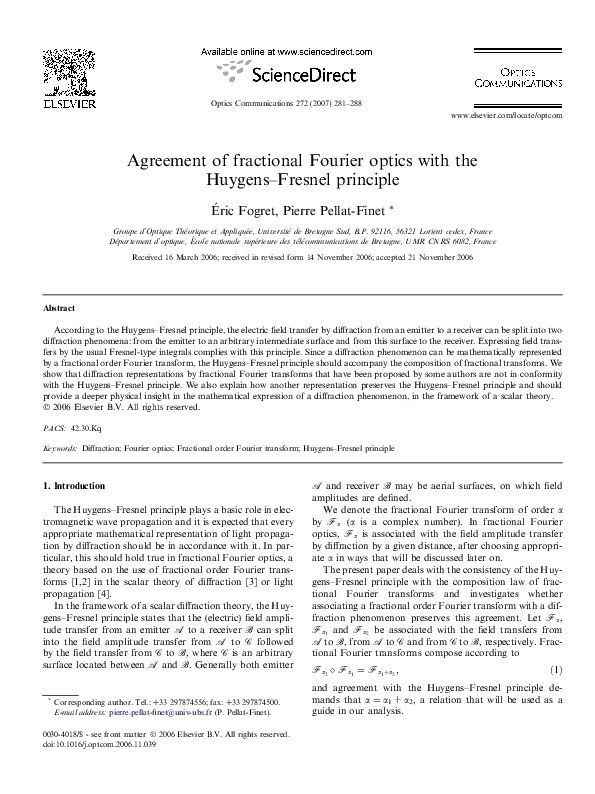 (PDF) Agreement of fractional Fourier optics with the Huygens–Fresnel principle