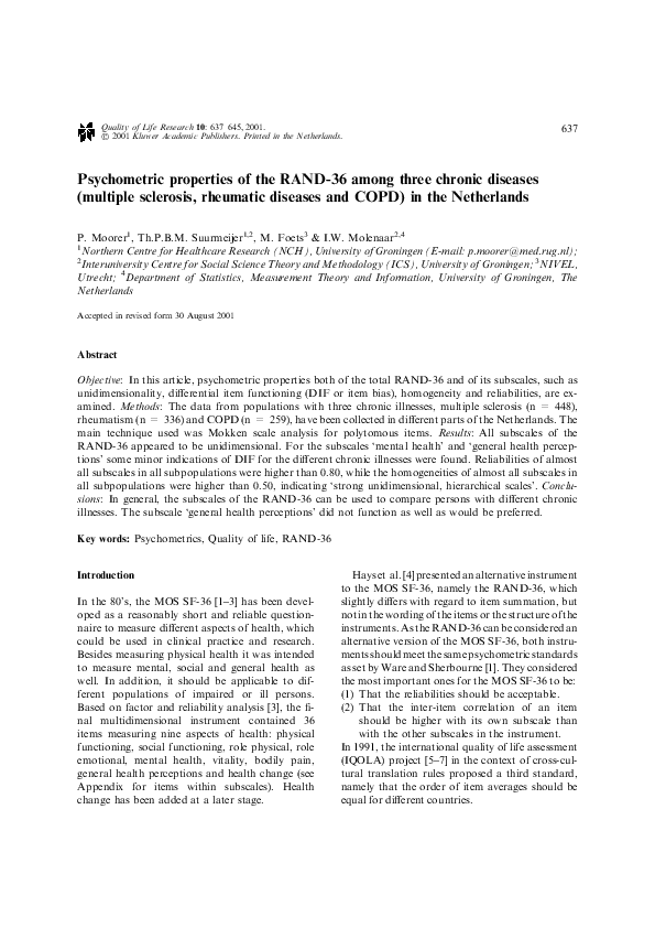 (PDF) Psychometric properties of the RAND36 among three chronic disease (multiple sclerosis ...