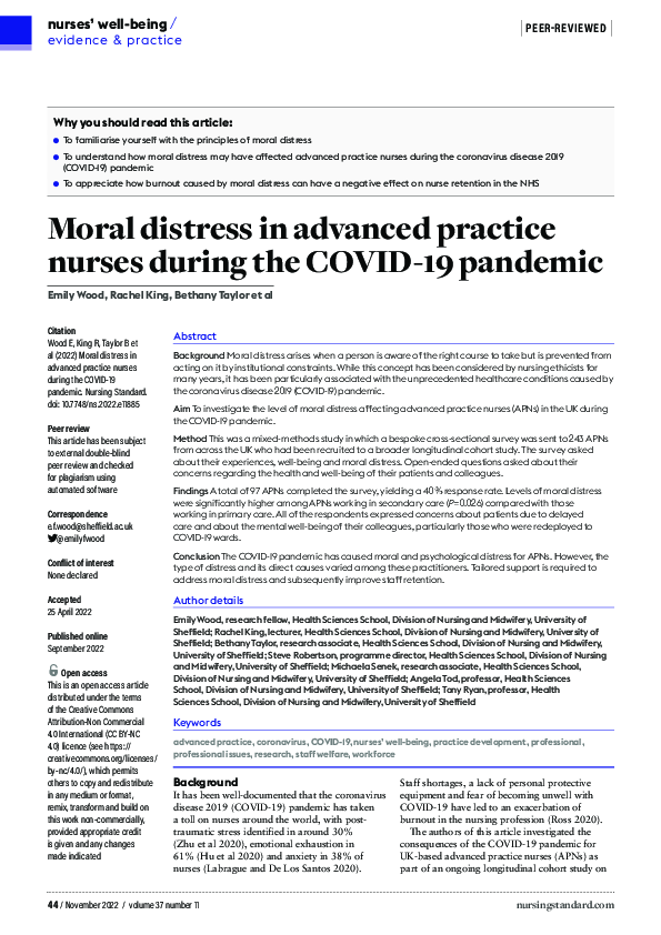 (PDF) Moral distress in advanced practice nurses during the COVID-19 pandemic