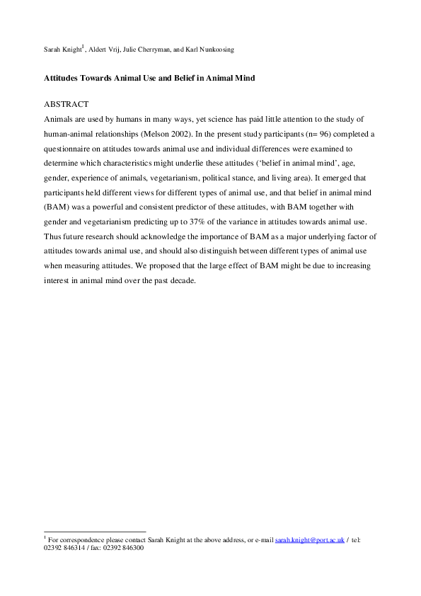 (PDF) Attitudes towards animal use and belief in animal mind