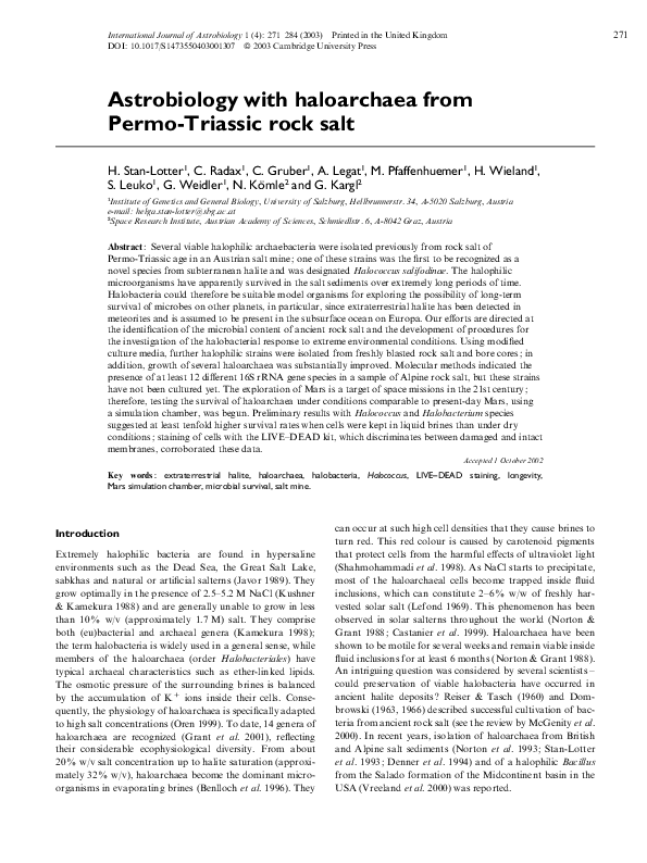 (PDF) Astrobiology with haloarchaea from Permo-Triassic rock salt ...