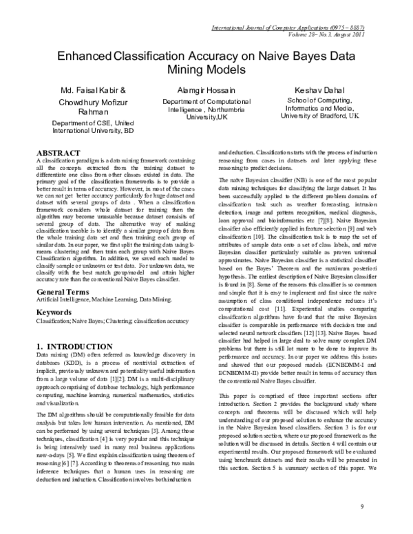 (PDF) Enhanced Classification Accuracy on Naive Bayes Data Mining Models | Md.Alamgir Hossain ...