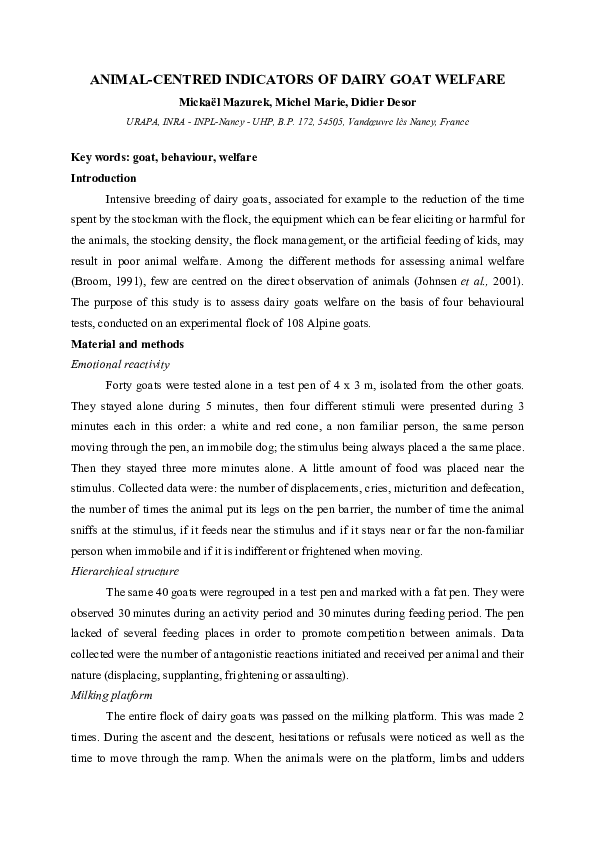 (PDF) Animal-Centred Indicators of Dairy Goat Welfare