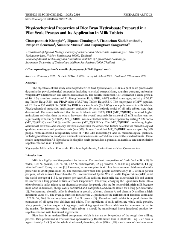 (PDF) Physicochemical Properties of Rice Bran Hydrolysate Prepared in a Pilot Scale Process and ...