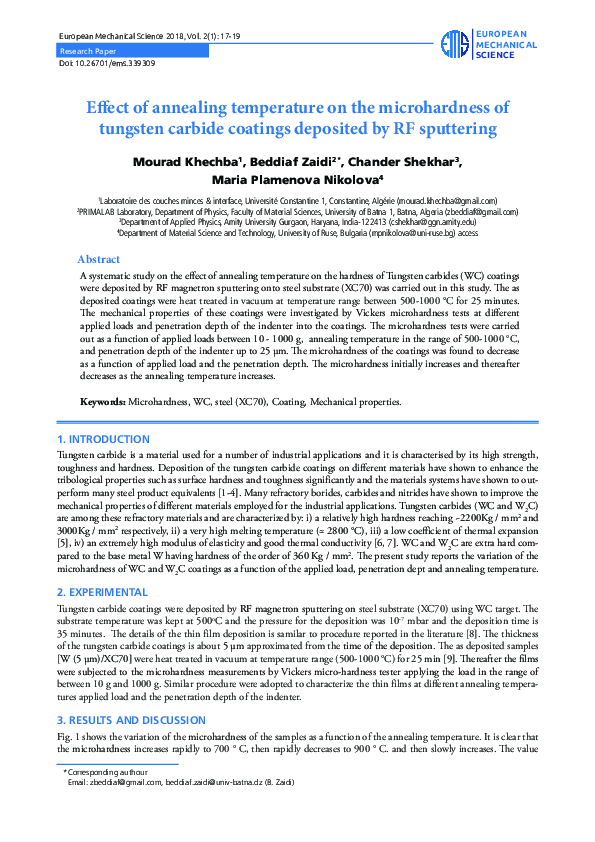 (PDF) Effect of Annealing Temperature on the Microhardness of Tungsten Carbide Coatings