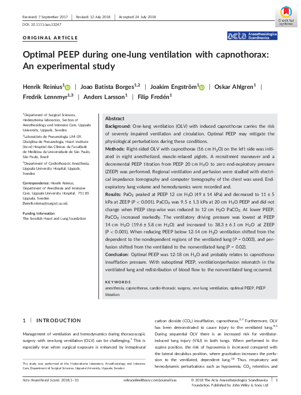 (PDF) Optimal PEEP during one-lung ventilation with capnothorax: An ...