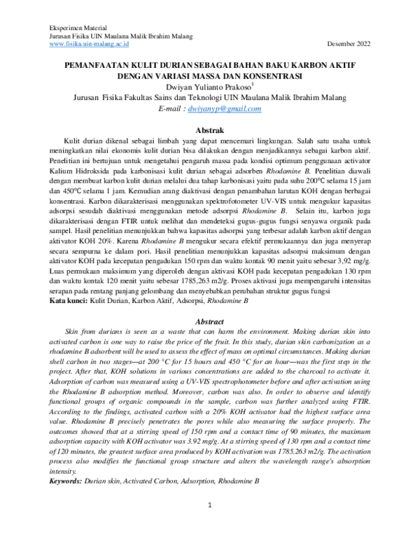(PDF) PEMANFAATAN KULIT DURIAN SEBAGAI BAHAN BAKU KARBON AKTIF DENGAN VARIASI MASSA DAN ...