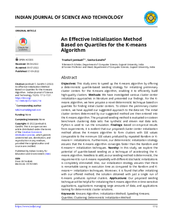 (PDF) An Effective Initialization Method Based on Quartiles for the K-means Algorithm