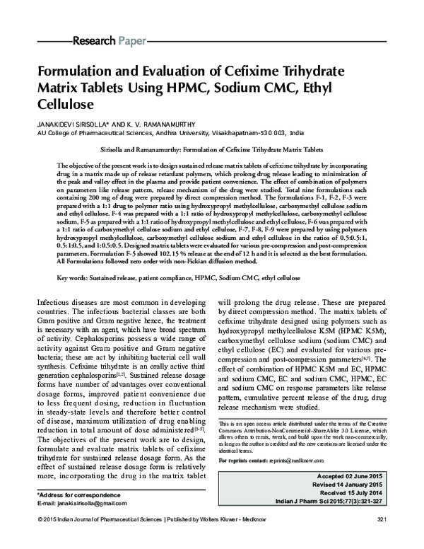 Pdf Formulation And Evaluation Of Cefixime Trihydrate Matrix Tablets Using Hpmc Sodium Cmc