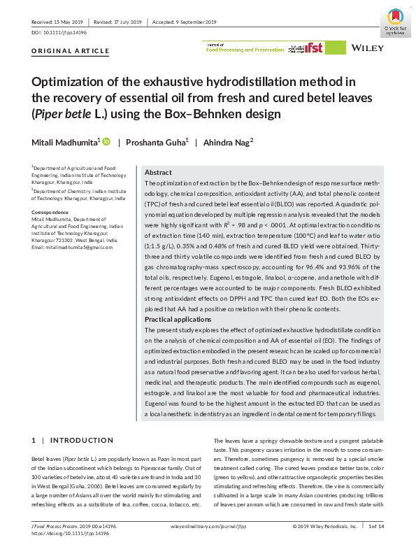 (PDF) Optimization of the exhaustive hydrodistillation method in the ...