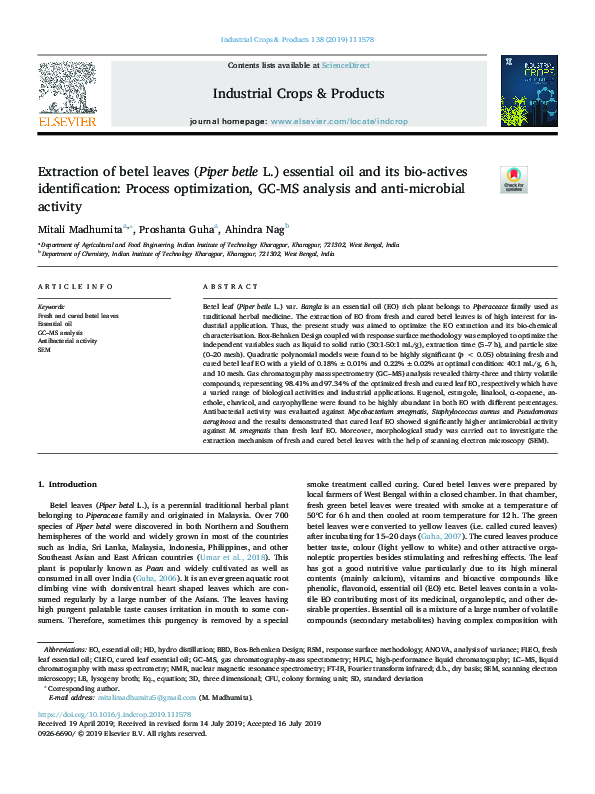(PDF) Extraction of betel leaves (Piper betle L.) essential oil and its ...