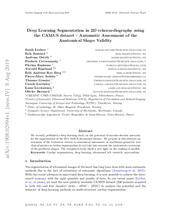 Pdf Deep Learning Segmentation In 2d Echocardiography Using The Camus Dataset Automatic