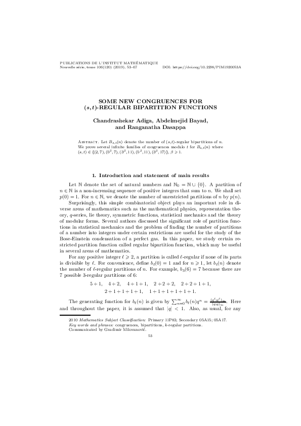 (PDF) Some new congruences for (s,t)-regular bipartition functions