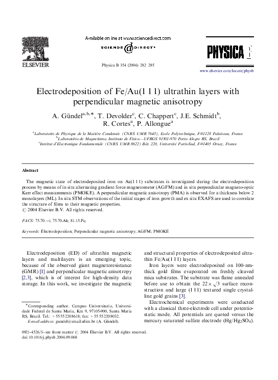 (PDF) Electrodeposition of Fe/Au(111) ultrathin layers with perpendicular magnetic anisotropy