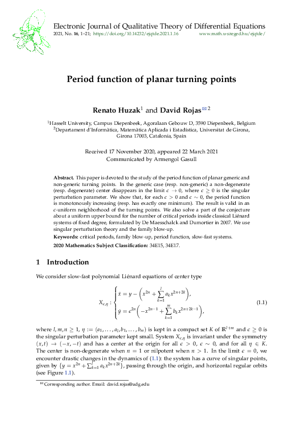 (PDF) Period function of planar turning points
