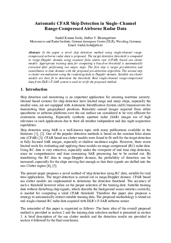 (PDF) Automatic CFAR Ship Detection in Single–Channel Range-Compressed ...