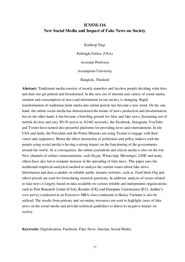 (PDF) New Social Media and Impact of Fake News on Society