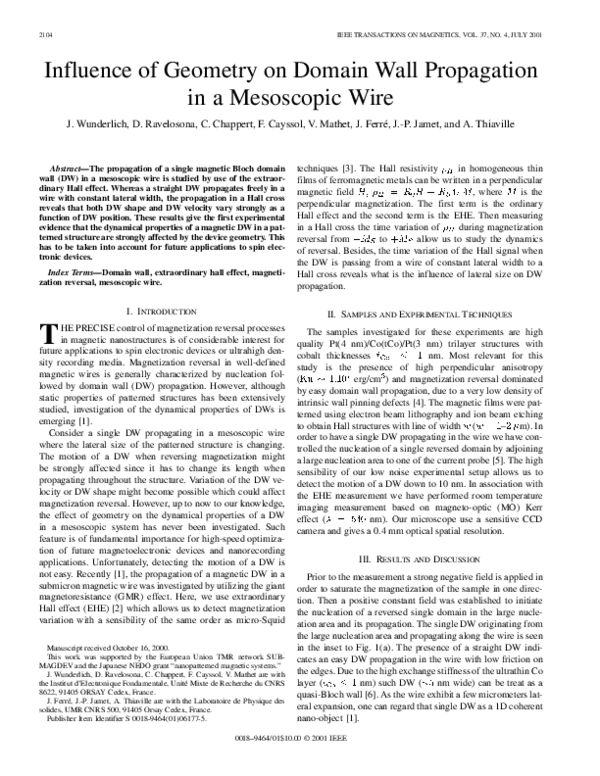 (PDF) Influence of geometry on domain wall propagation in a mesoscopic wire