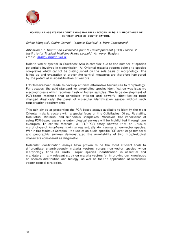 (PDF) Molecular assays for identifying malaria vectors in Asia ...