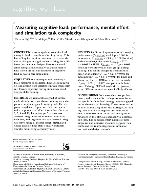 (PDF) Measuring cognitive load: performance, mental effort and ...