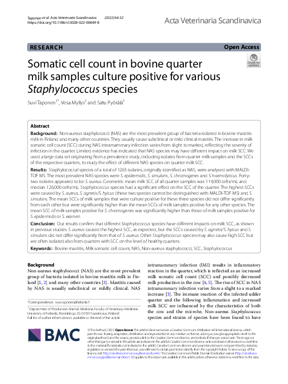 (PDF) Somatic cell count in bovine quarter milk samples culture positive for various ...