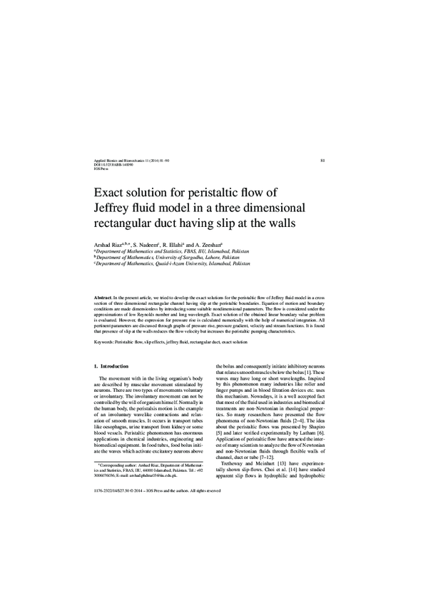 Exact Solution for Peristaltic Flow of Jeffrey Fluid Model in a Three ...