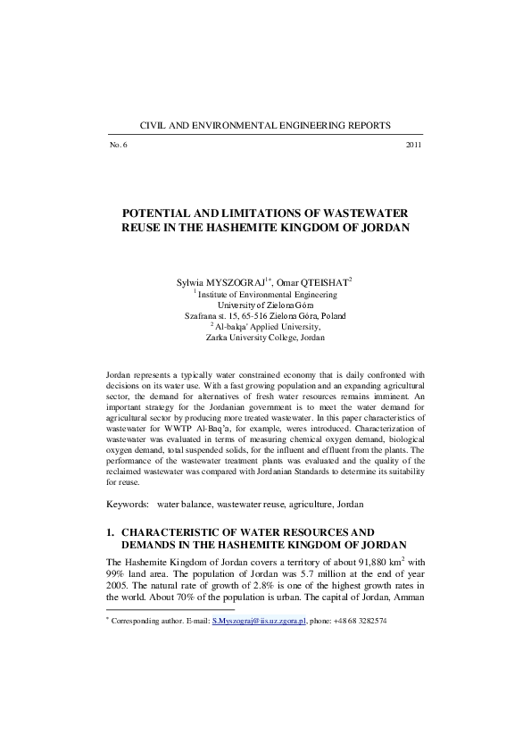(PDF) Potential and Limitations of Wastewater Reuse in the Hashemite ...