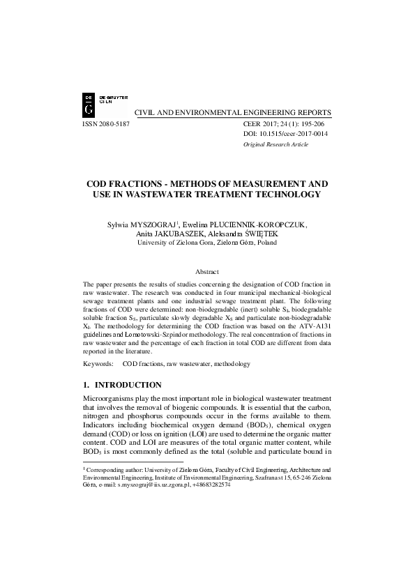 (PDF) Cod Fractions - Methods of Measurement and Use in Wastewater ...