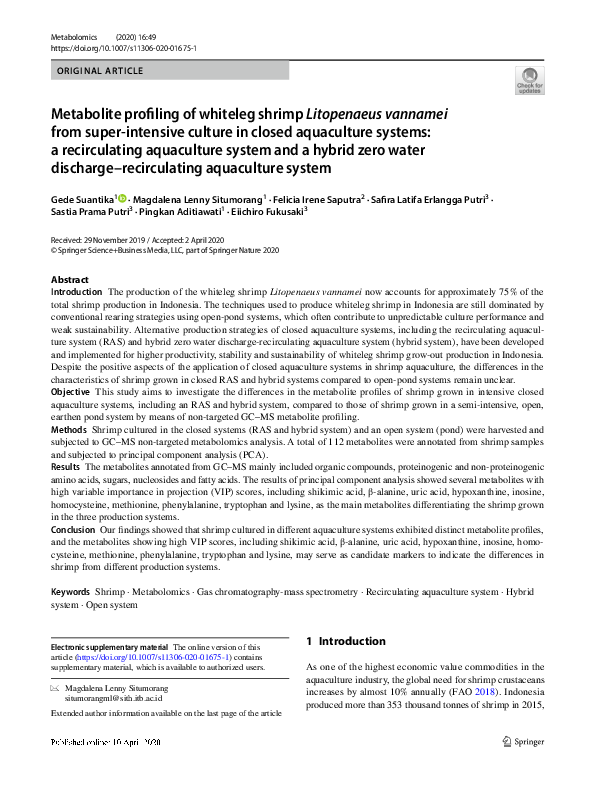 (PDF) Metabolite profiling of whiteleg shrimp Litopenaeus vannamei from super-intensive culture ...