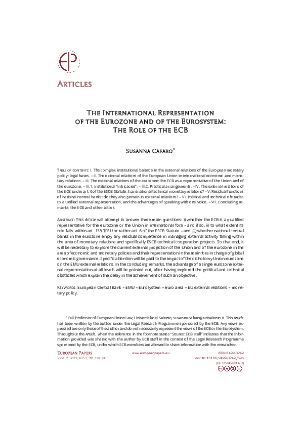 (PDF) The International Representation of the Eurozone and of the Eurosystem: The Role of the ...